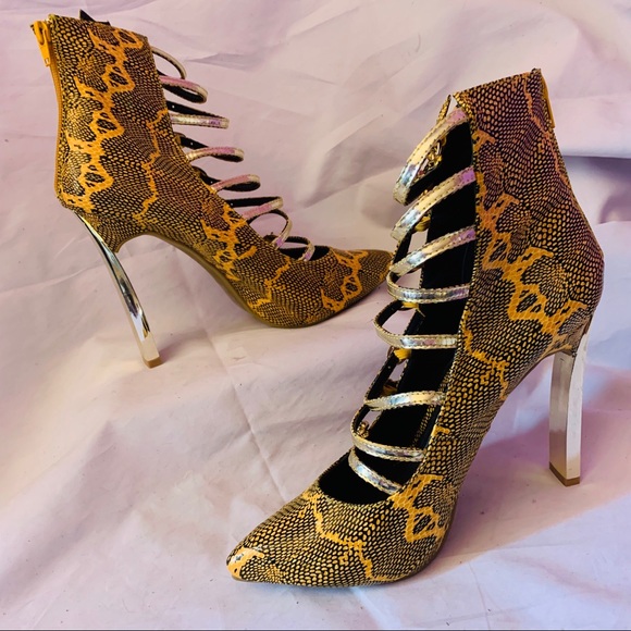 Shoes | Pointed Toe Yellow Black Snakesin Bootie Heel 1 | Poshmark